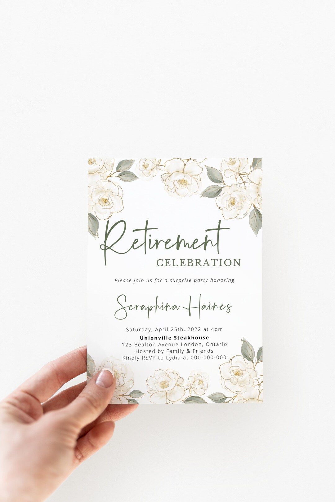 Greenery White Roses & Gold Retirement Party Invitation Template ...