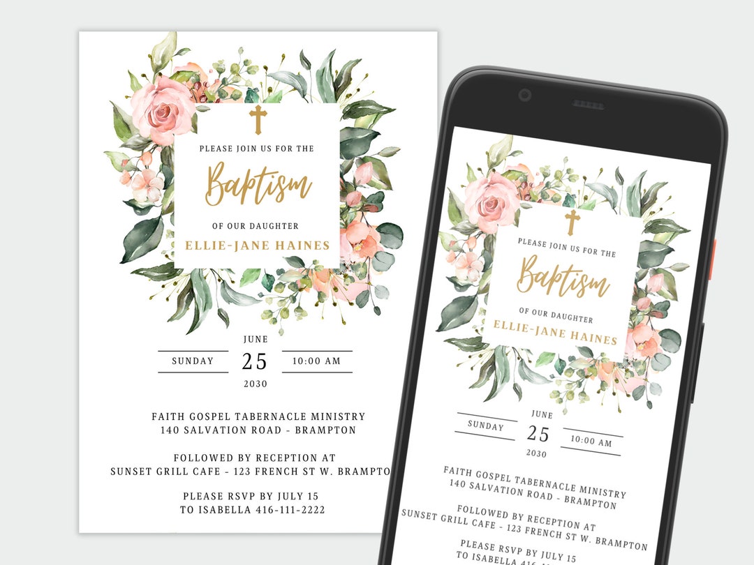 Editable Baptism Invitation Template, Printable Floral & Gold ...