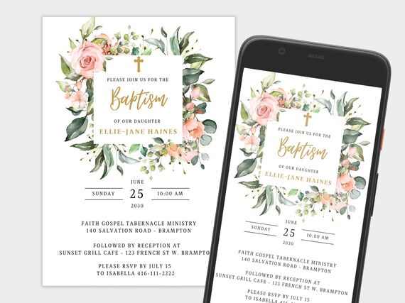 Editable Baptism Invitation Template Printable Floral & Gold - Etsy
