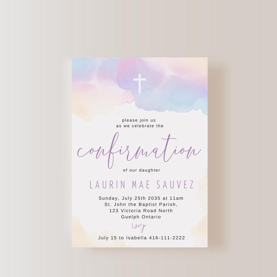 Confirmation Invitation Template, Purple Splash Girls, Teen, Editable ...