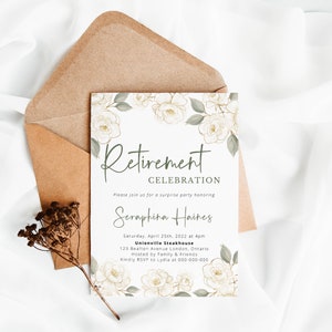 Greenery White Roses & Gold Retirement Party Invitation Template ...