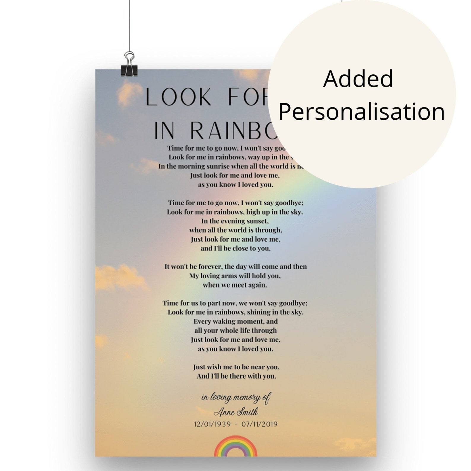 Look for Me in Rainbows Funeral Poem Memorial Gift Loved - Etsy Canada