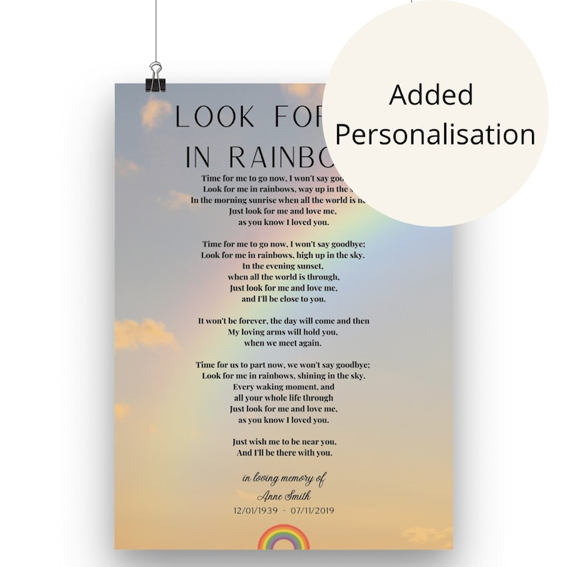 Look for Me in Rainbows Funeral Poem Memorial Gift Loved - Etsy Hong Kong