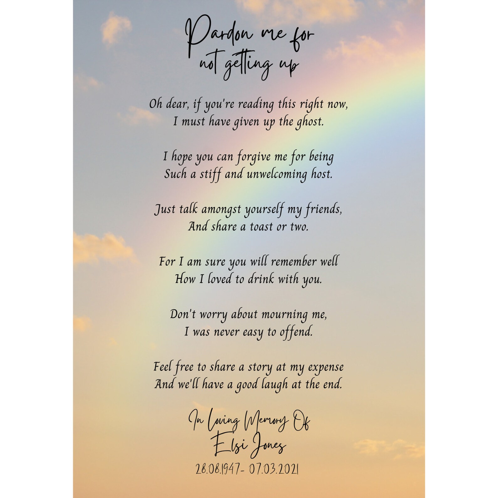 Funeral Poem Pardon Me For Not Getting Up Bereavement | Etsy