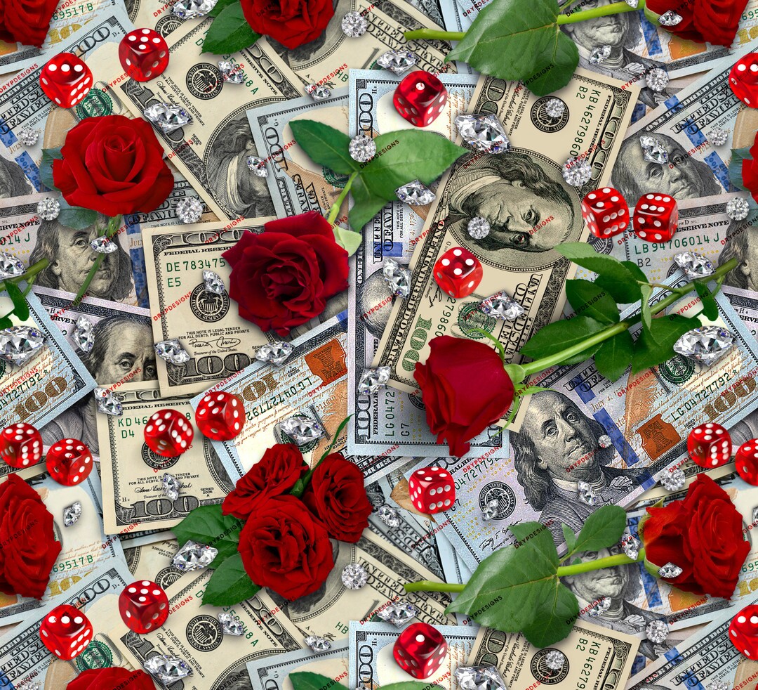 Red Roses + Dice + Diamonds Over Dollar Bills Seamless Digital Paper ...
