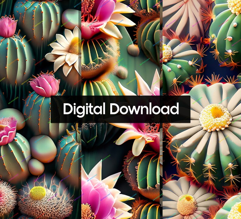 3D Cactus Flowers Seamless Digital Paper Background Bundle - Pink ...