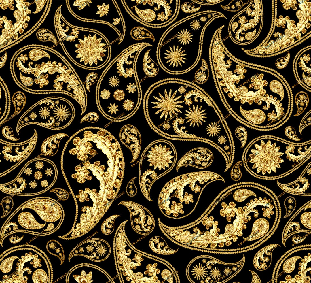 Black + Gold Paisley Seamless Digital Paper Background Pattern - Boho ...