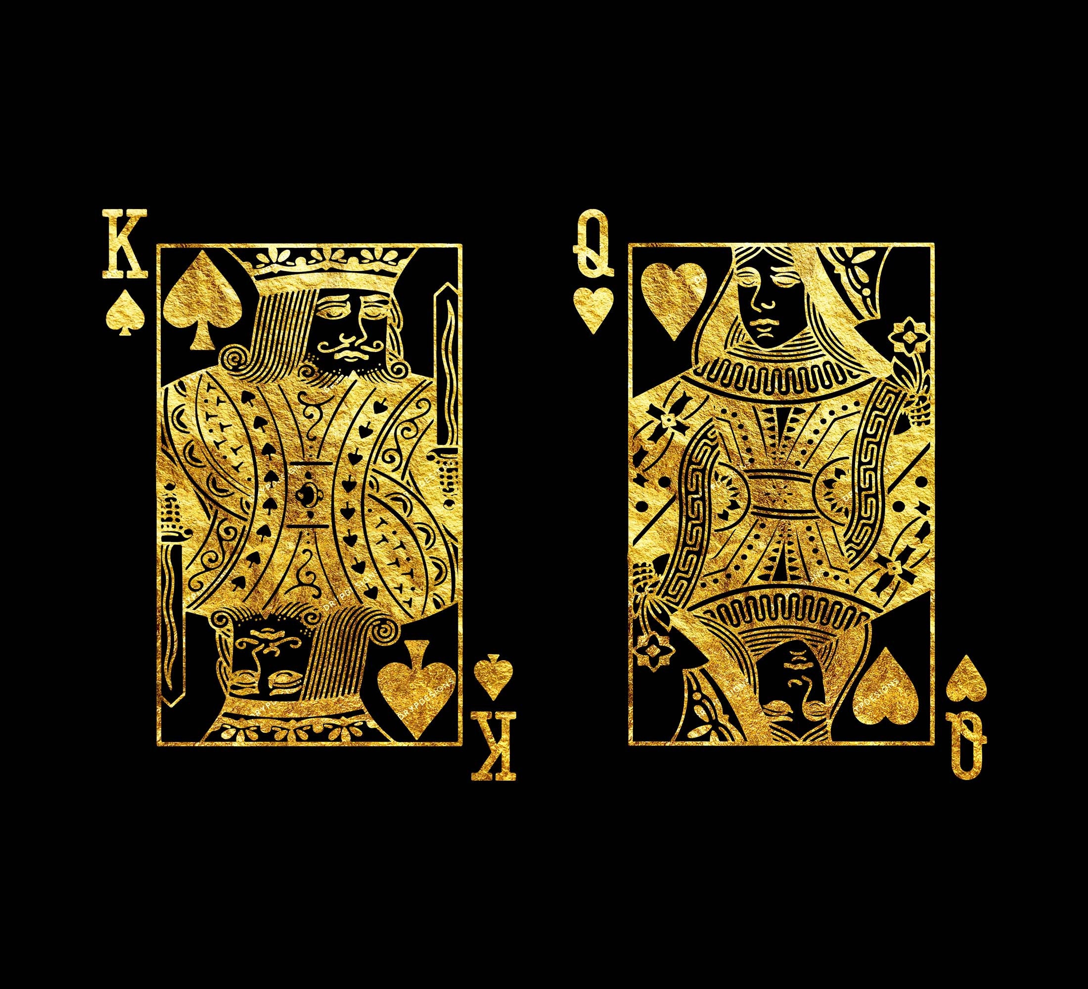 Gold King of Spades - Queen of Hearts Face Card PNG - Digital Art Print ...