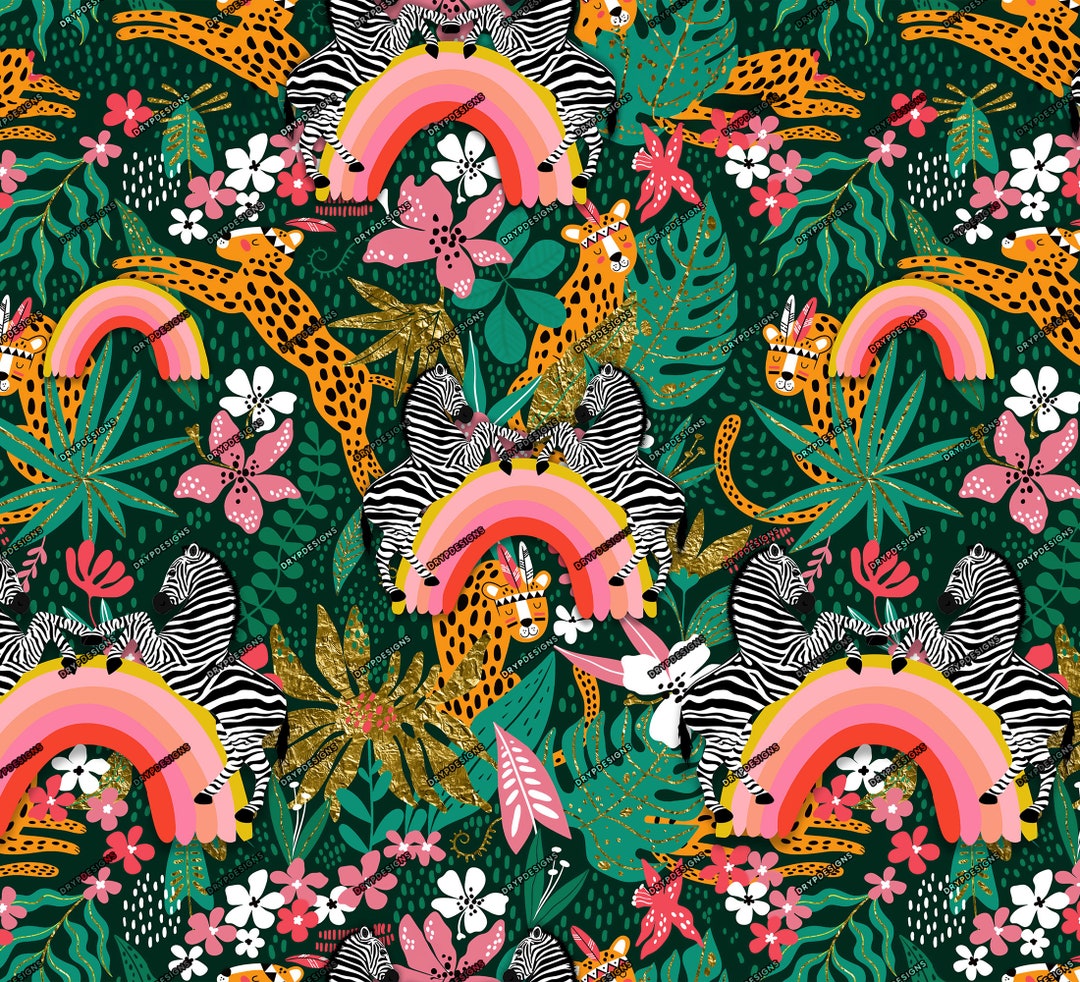 Jungle Animals Rainbow Gold Seamless Background Pattern - Boho Jungle ...