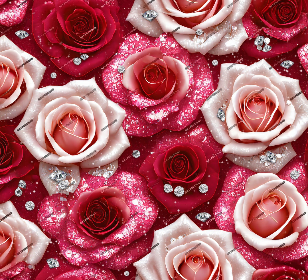 Red + Pink Diamond Roses Seamless Digital Paper Background - Realistic ...