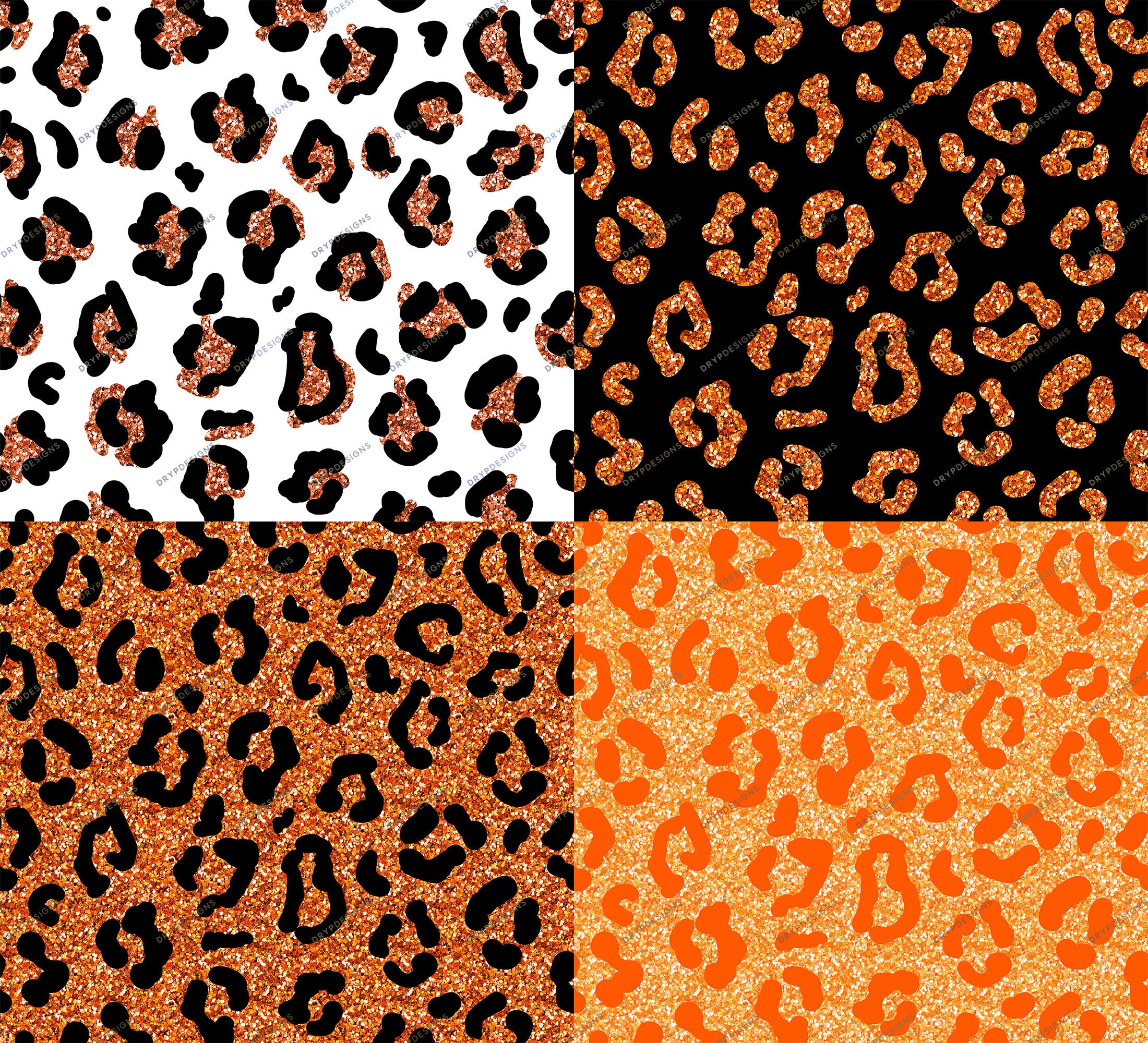 Orange Glitter Leopard Print Seamless Background Pattern Bundle - Black ...