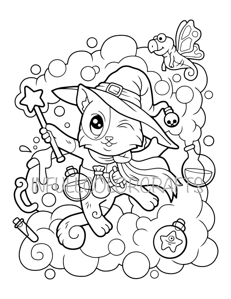 Kitty Wizard Coloring Pages - Etsy