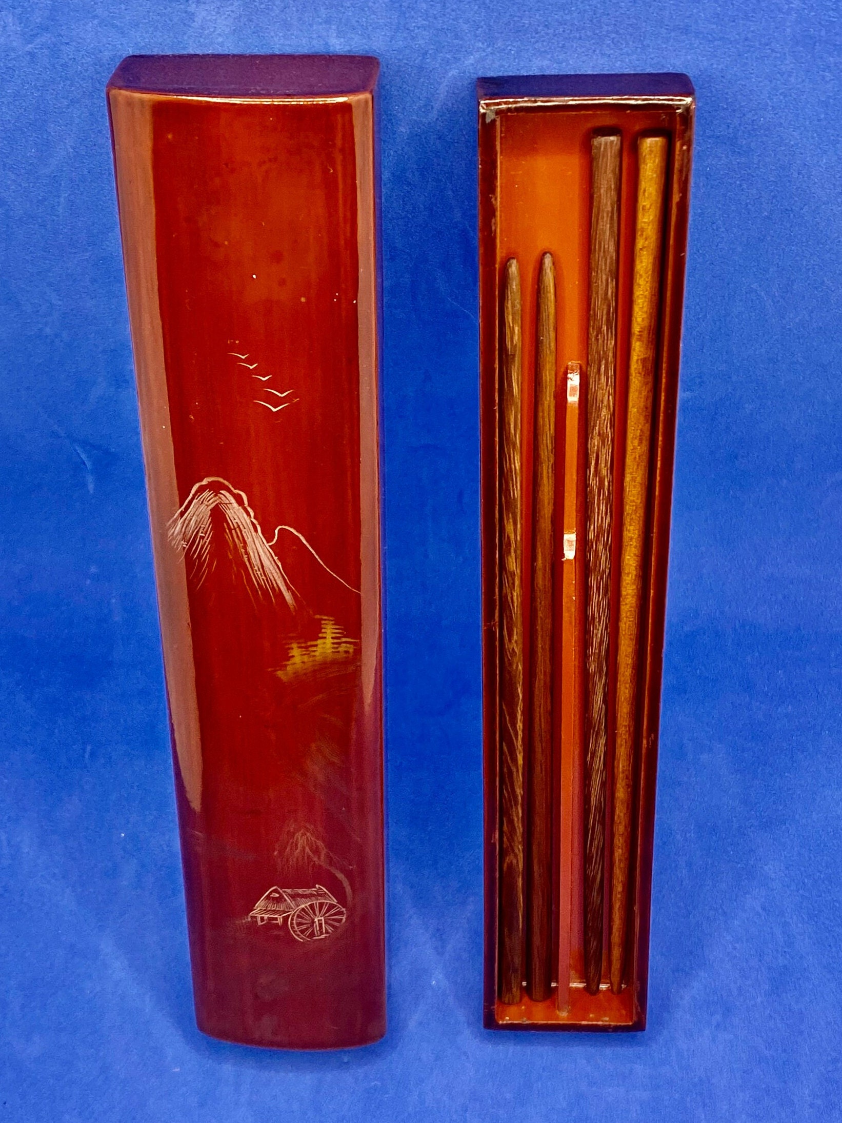 Vintage Red Lacquered Chopstick Storage Case Decorated With Etchings ...