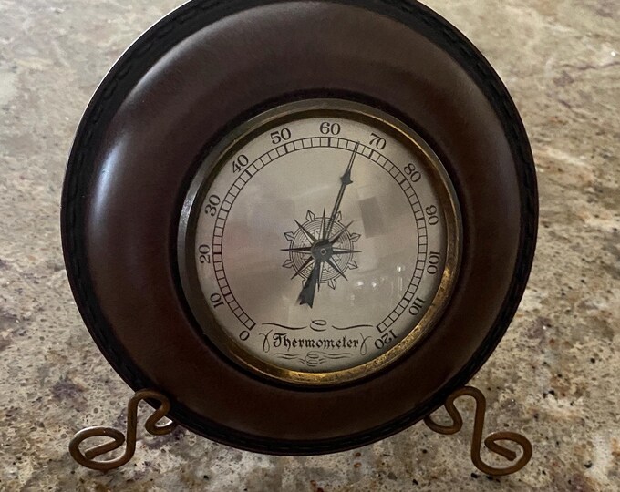 Handsome German Made Thermometer- 5” Round Leatherette, Brass & Glass ...
