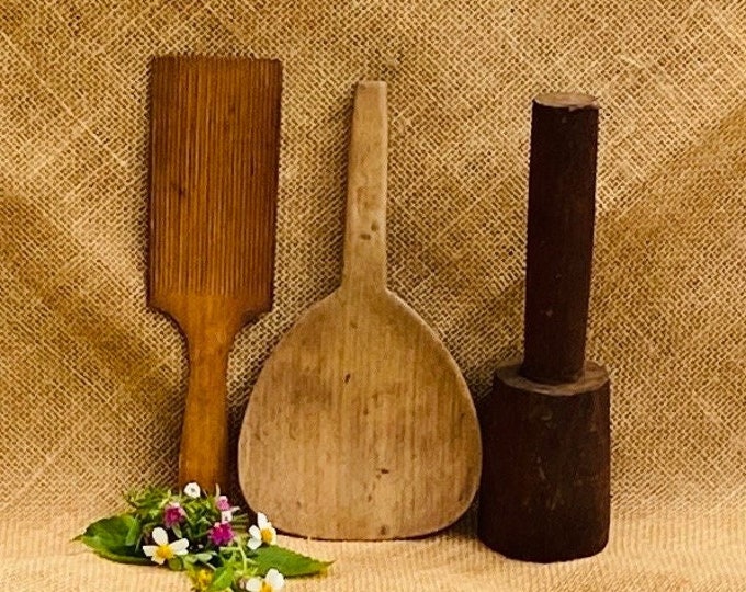 Antique Wood Masher & 2 Different Shaped Butter Paddles, Set of 3 ...