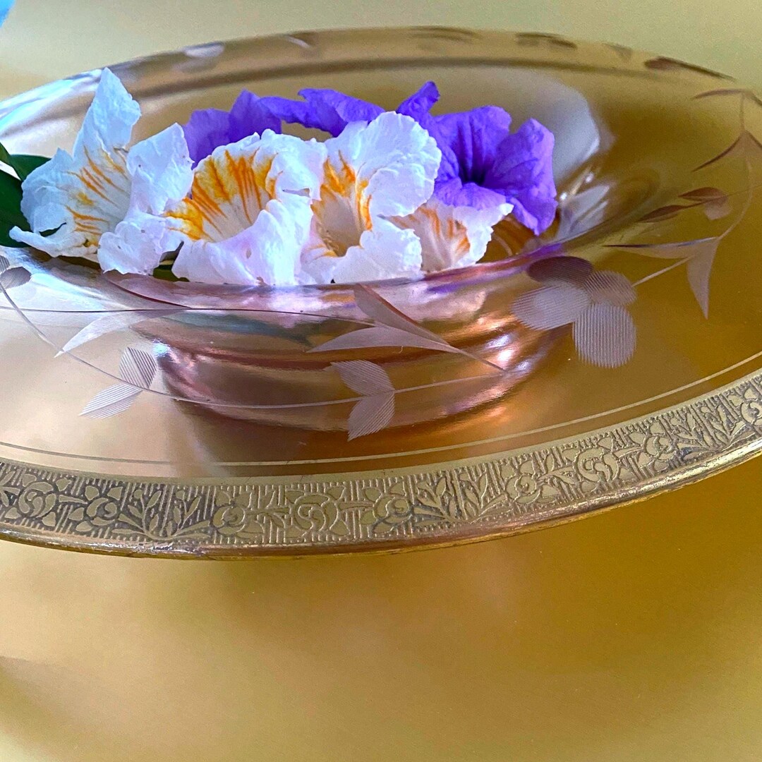 Vintage Pink Depression Glass Bowl, Etched Floral Rose & Gilded Trim on ...