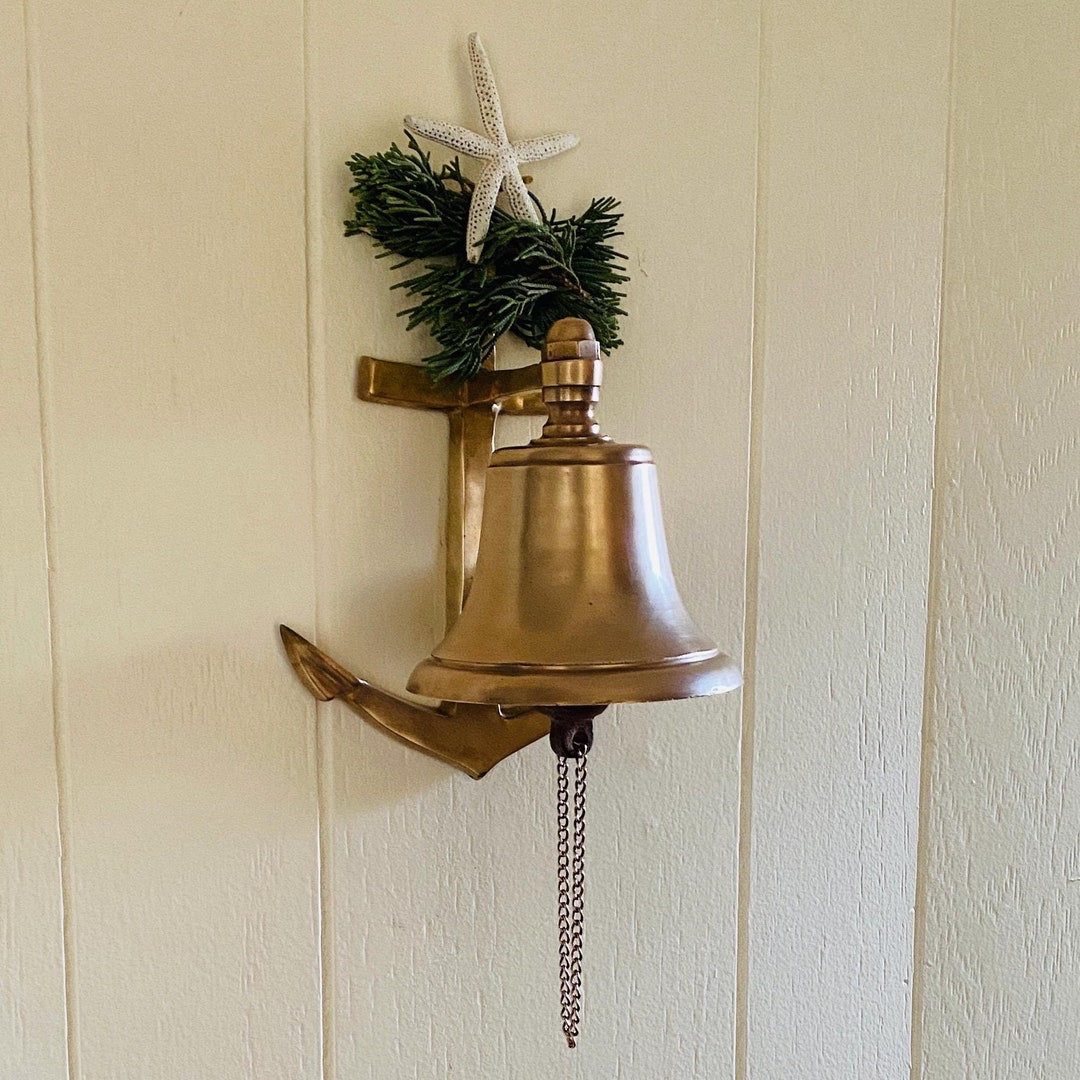 8" Solid Brass Ship’s Bell & Anchor Style- Vintage Wall Mount Nautical ...