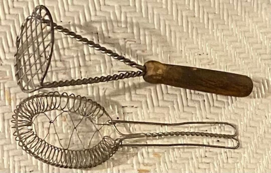 2 Pc. Vintage Primitive Kitchen Tools, Metal Potato Masher W/ Solid ...