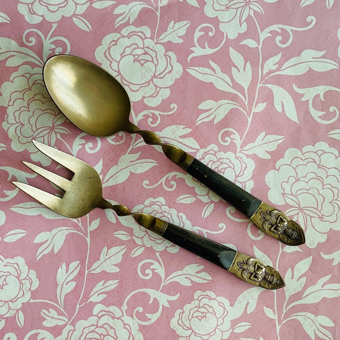 Vintage Siam 9 Brass and Rosewood Handle Serving Fork and Spoon Pair - Etsy