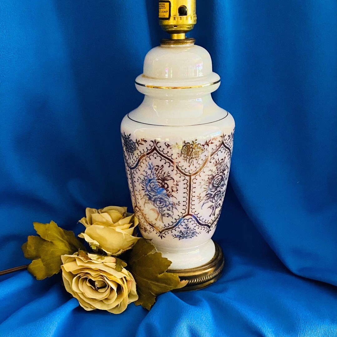Vintage Opaline Glass Lamp White Opalescent Gilded Floral On Brass Base French Hollywood