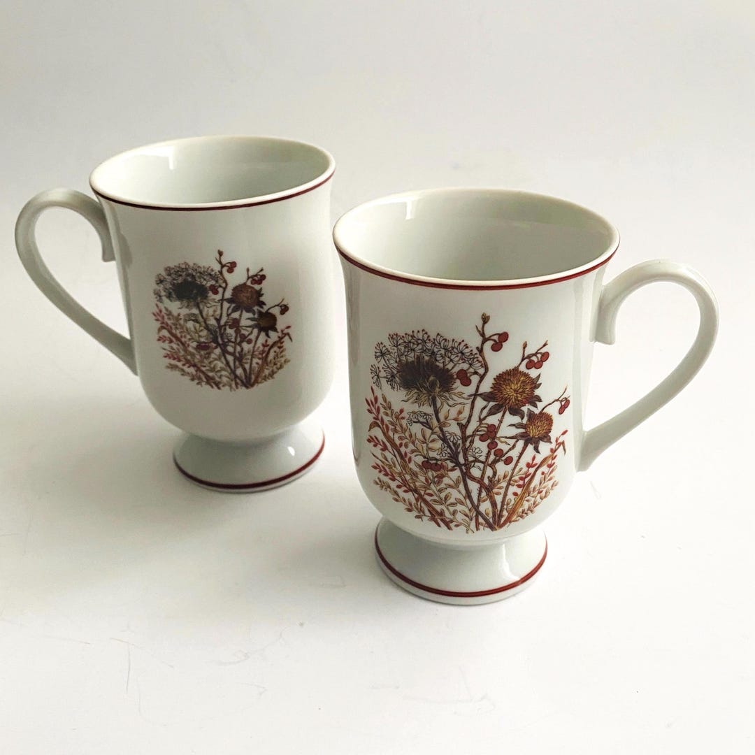Vintage Footed Coffee Cups: Bramble Fanci Florals Porcelain China , Set ...