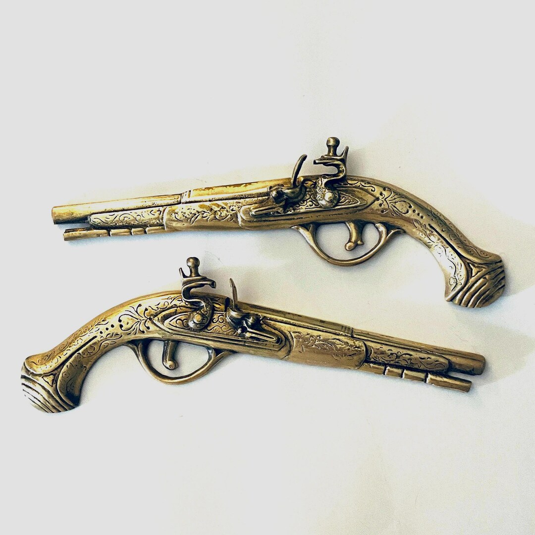 Pair of Vintage Brass Flintlock Pistol Replica Wall Hangings, Masculine ...