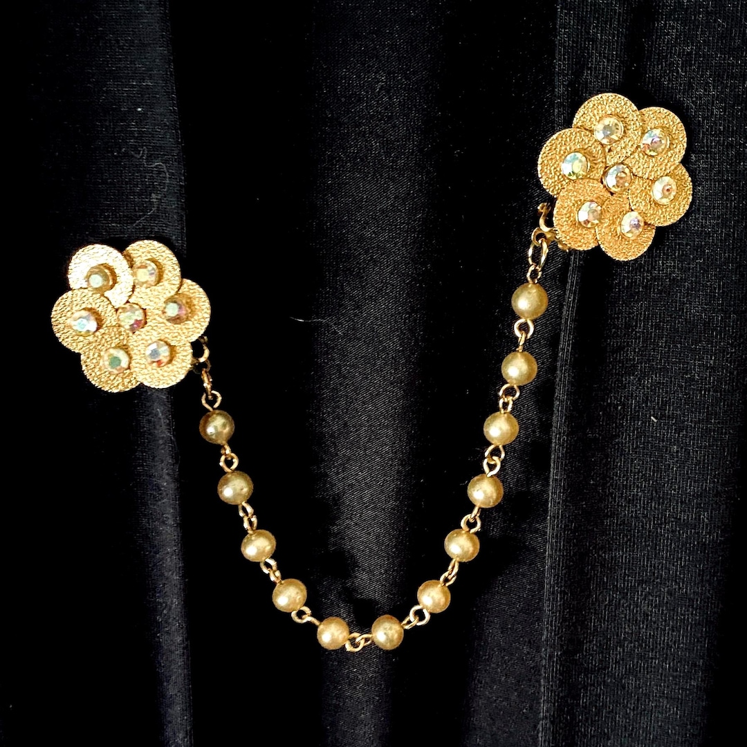 Vintage Sweater Clip- Gold Flower Shape, Dainty Rhinestone Accents ...