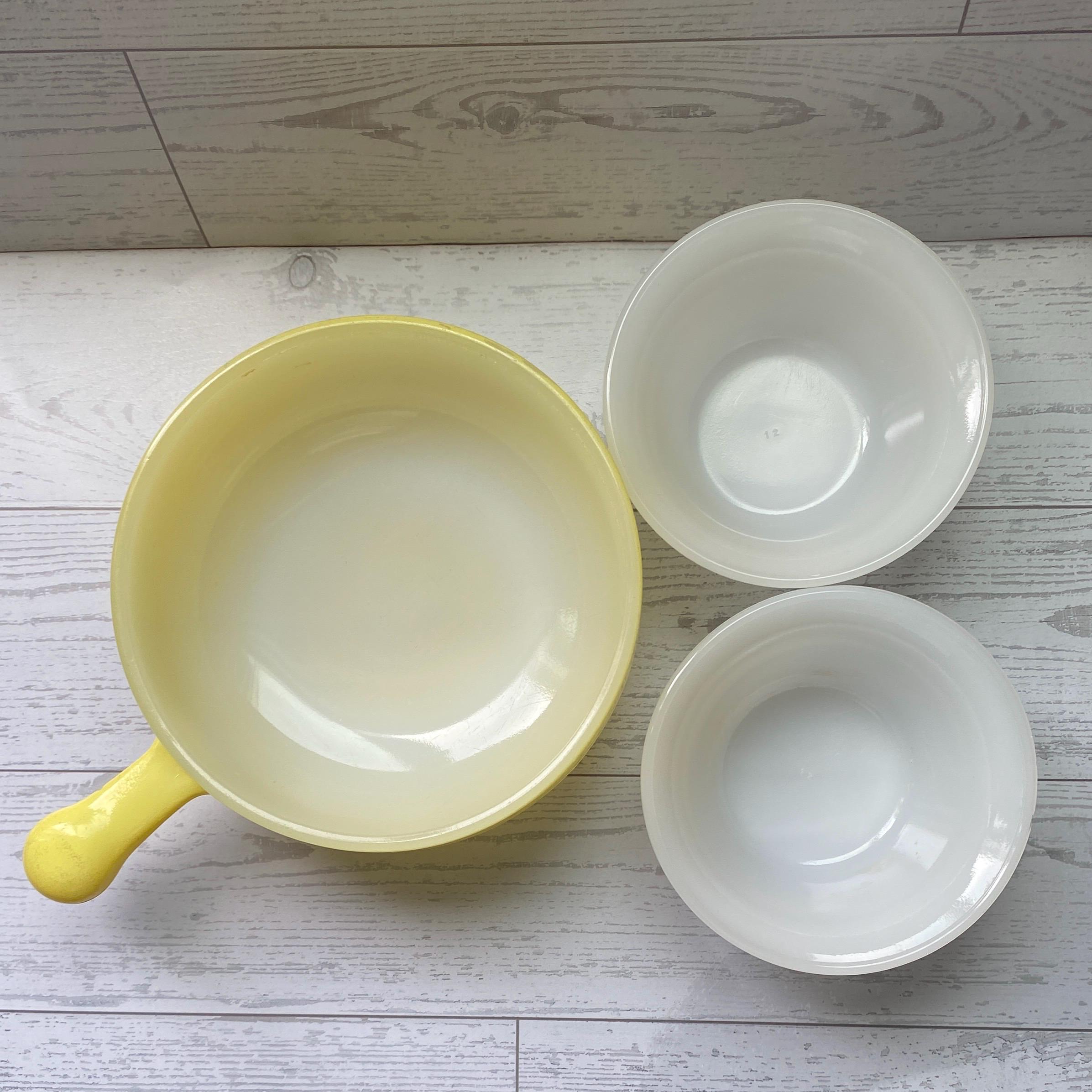 Vintage Glasbake Bowl Set: Yellow Stick Handle & White Milk Glass Prep ...