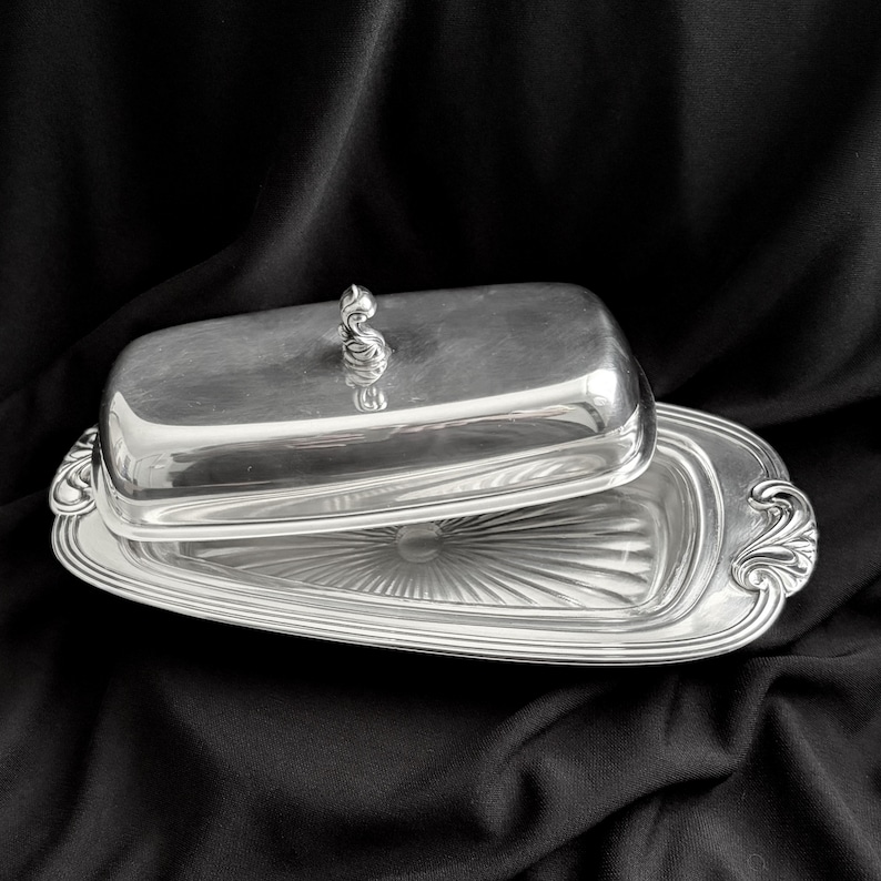 Vintage Oneida Silver Plate Covered Butter Dish W/ Glass Insert: Scroll ...