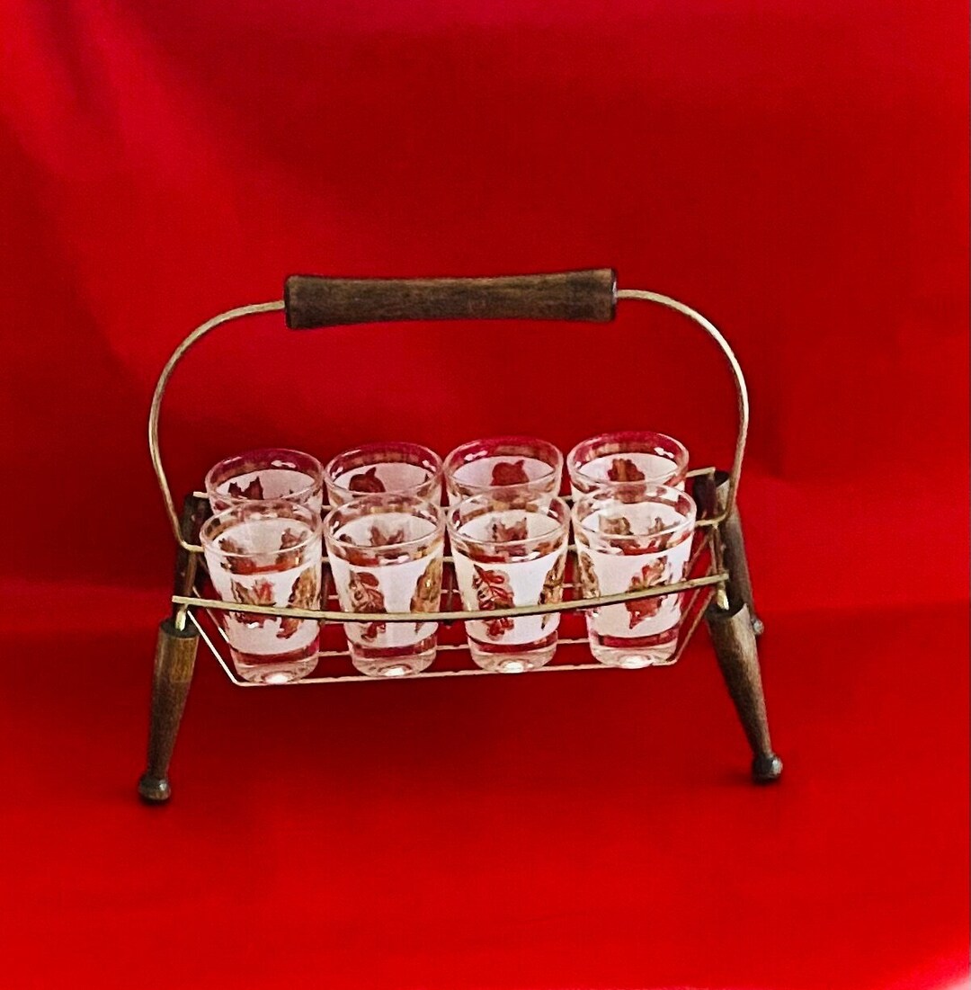 Vintage Aldon Shot Glasses Gold Leaf Frosted White Set Of 8 In Fabulous Mcm Wood And Metal Stand