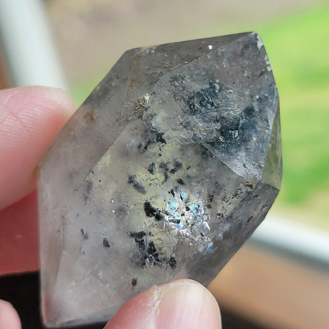 Double Terminated Tibetan Quartz Point With Moving Carbon Particles and Rainbow Inclusions ...