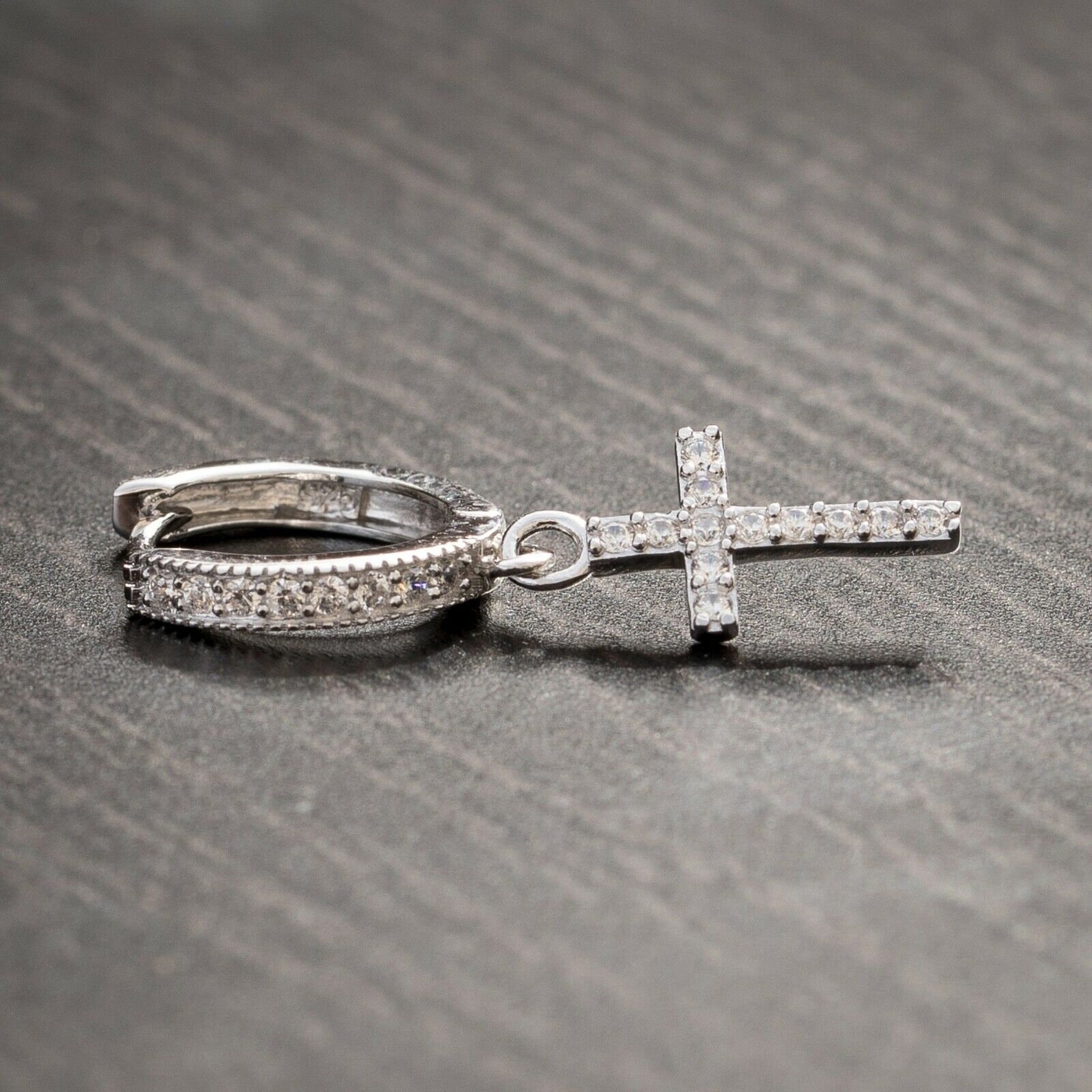 Sterling Silver Ice Out Cz Small Cross Drop Dangle Huggie Hoop Earrings ...