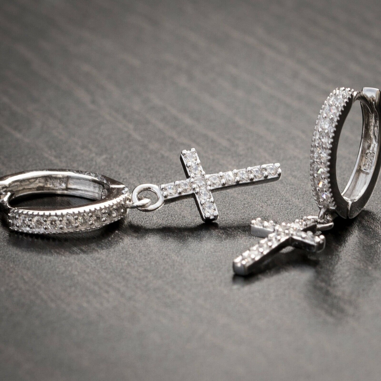 Sterling Silver Ice Out Cz Small Cross Drop Dangle Huggie Hoop Earrings ...