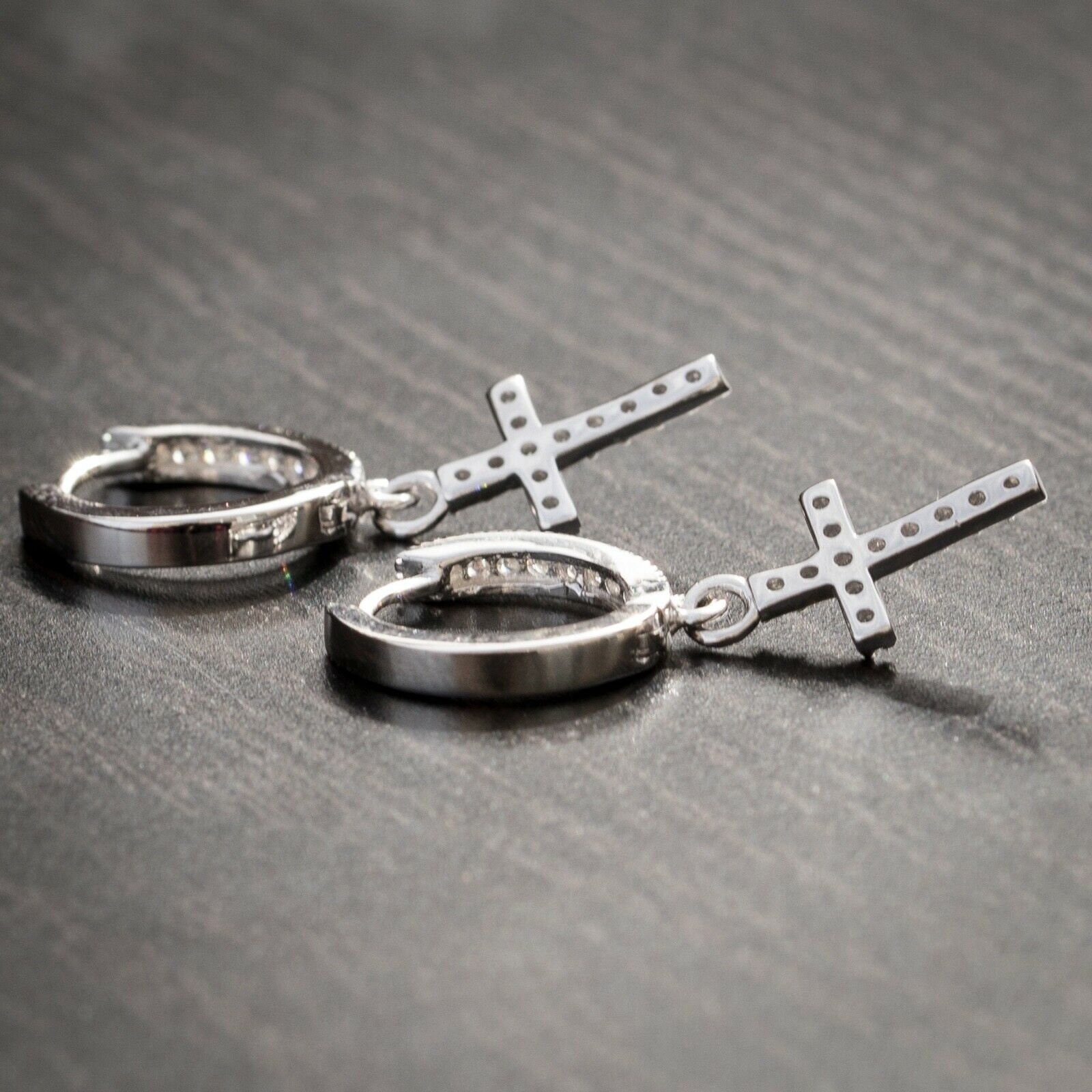 Sterling Silver Ice Out Cz Small Cross Drop Dangle Huggie Hoop Earrings ...