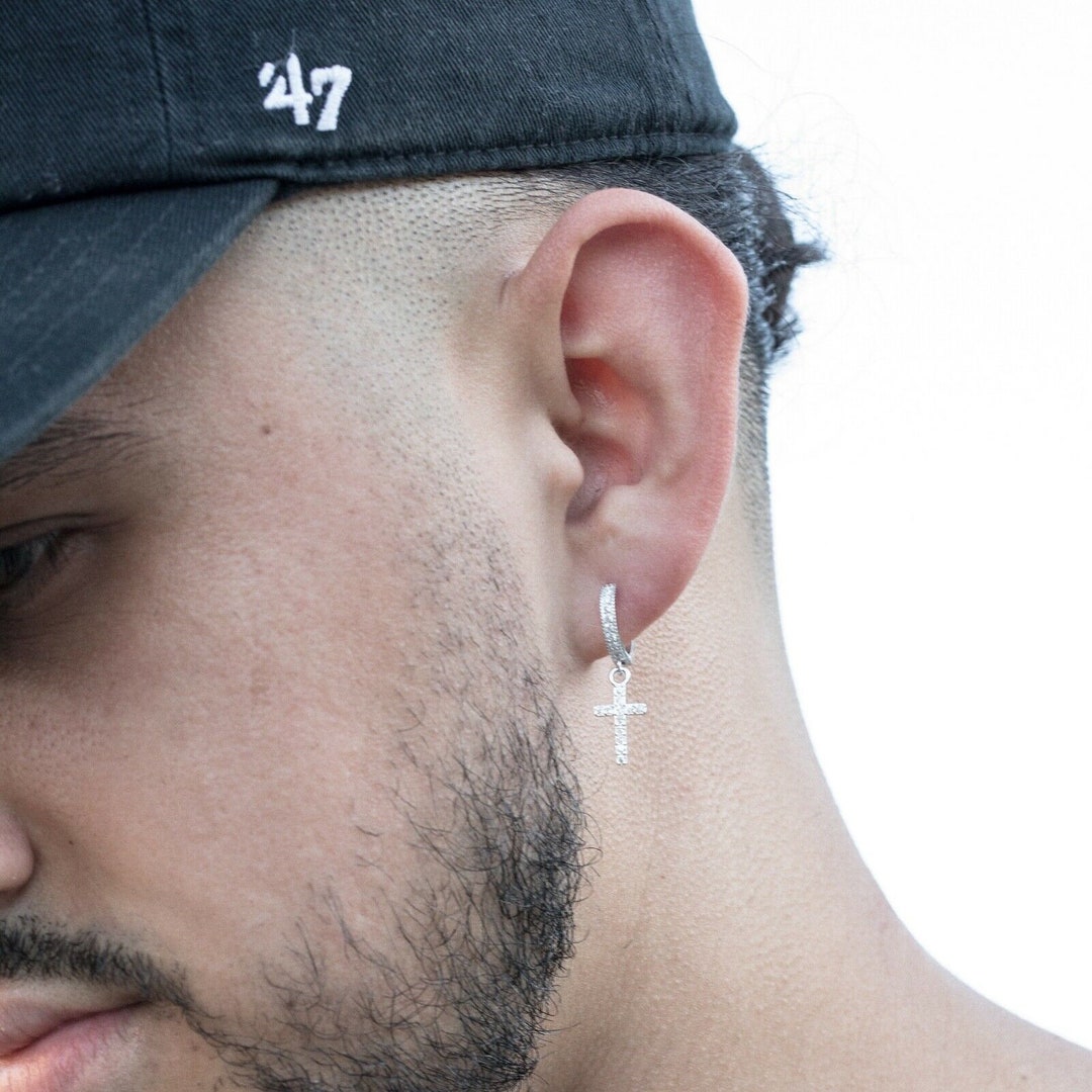 Sterling Silver Ice Out Cz Small Cross Drop Dangle Huggie Hoop Earrings ...