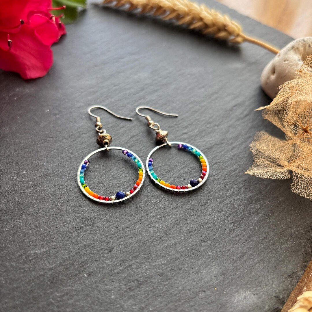 Rainbow Third Eye Chakra Small Hoop Earrings | Boho Lapis Lazuli ...