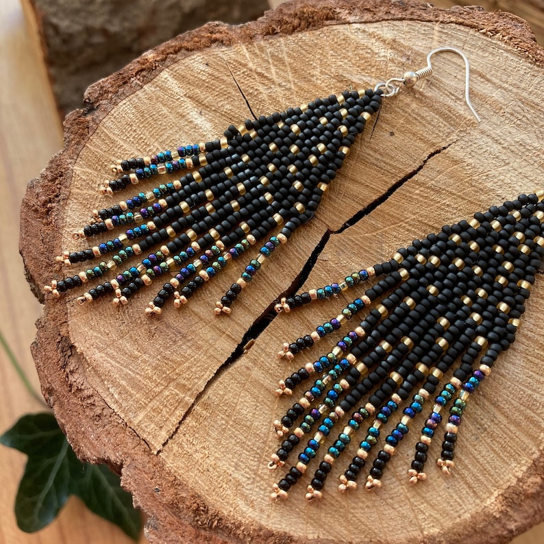 Starling Inspired Seed Bead Fringe Earrings: Handwoven Bird Lover ...