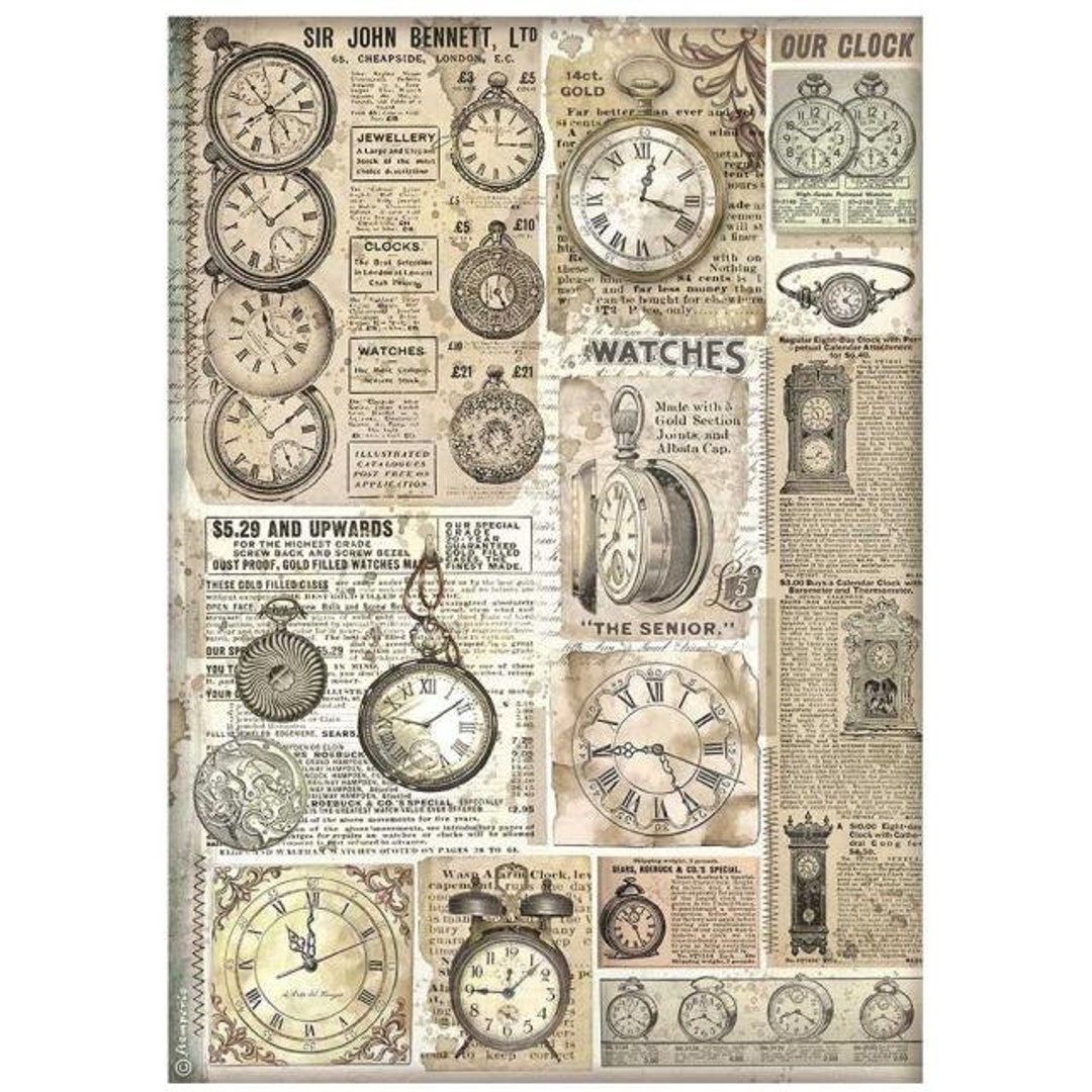 Stamperia Rice Paper | Brocante Antiques Clocks | A4 Rice Paper ...