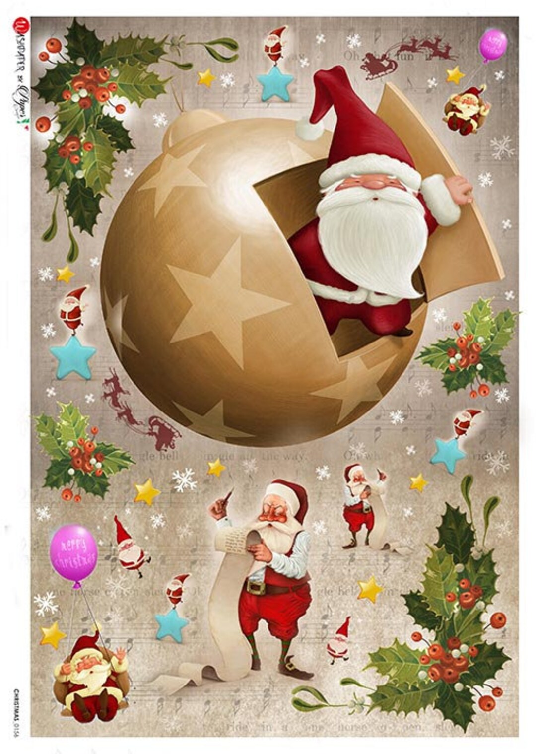 Paper Designs Rice Paper | Santa in an Ornaments Christmas Rice Paper ...