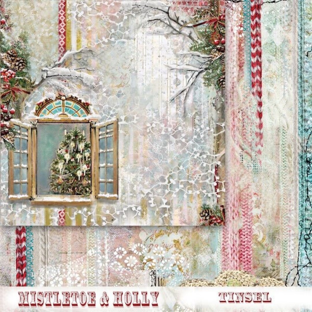 Blue Fern Studios | One (1) Sheet Tinsel Mistletoe & Holly Paper ...