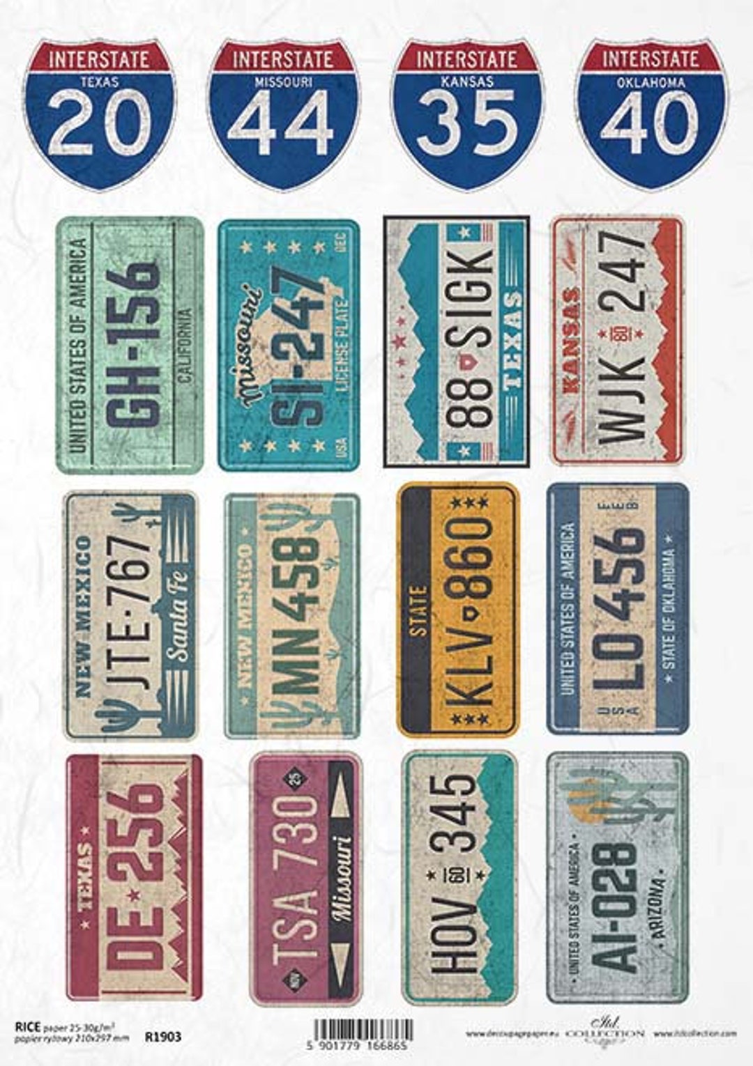 ITD Collection | License Plates Rice Paper | A4 Rice Paper | Decoupage ...