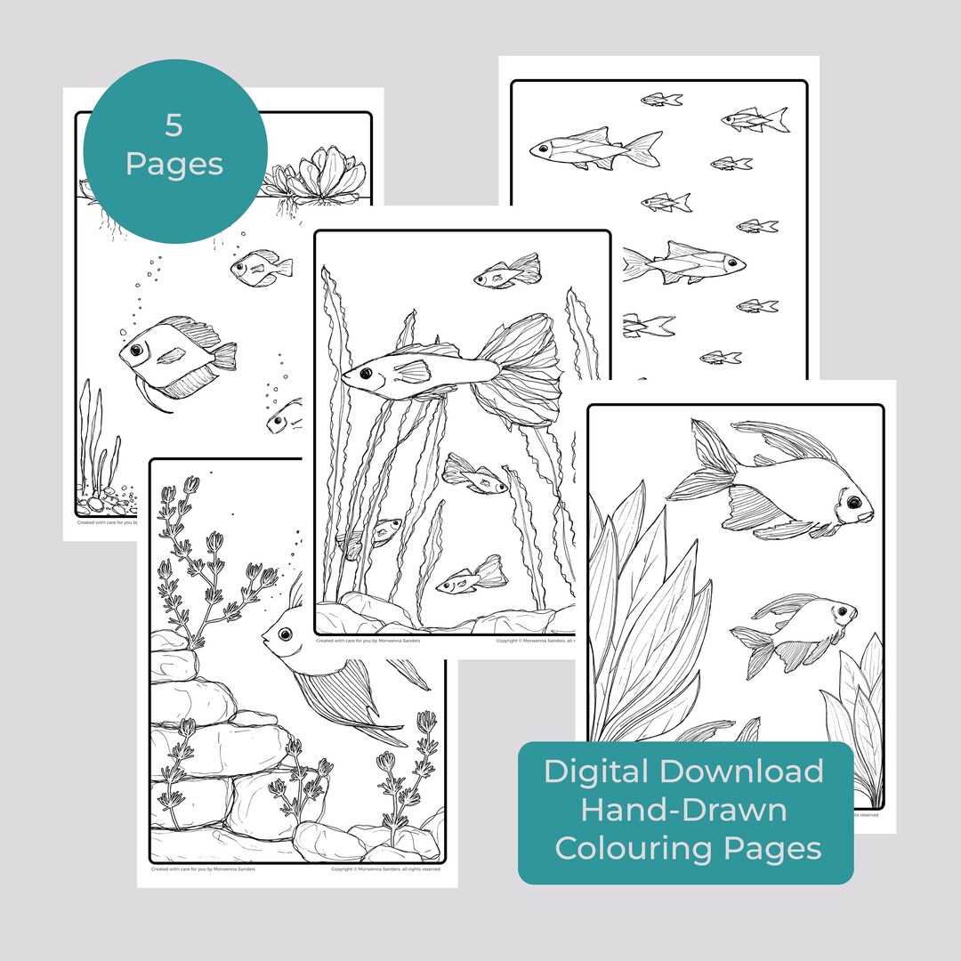 Tropical Fish Colouring Pages, 5 Printable Hand-drawn Sheets for Adults ...