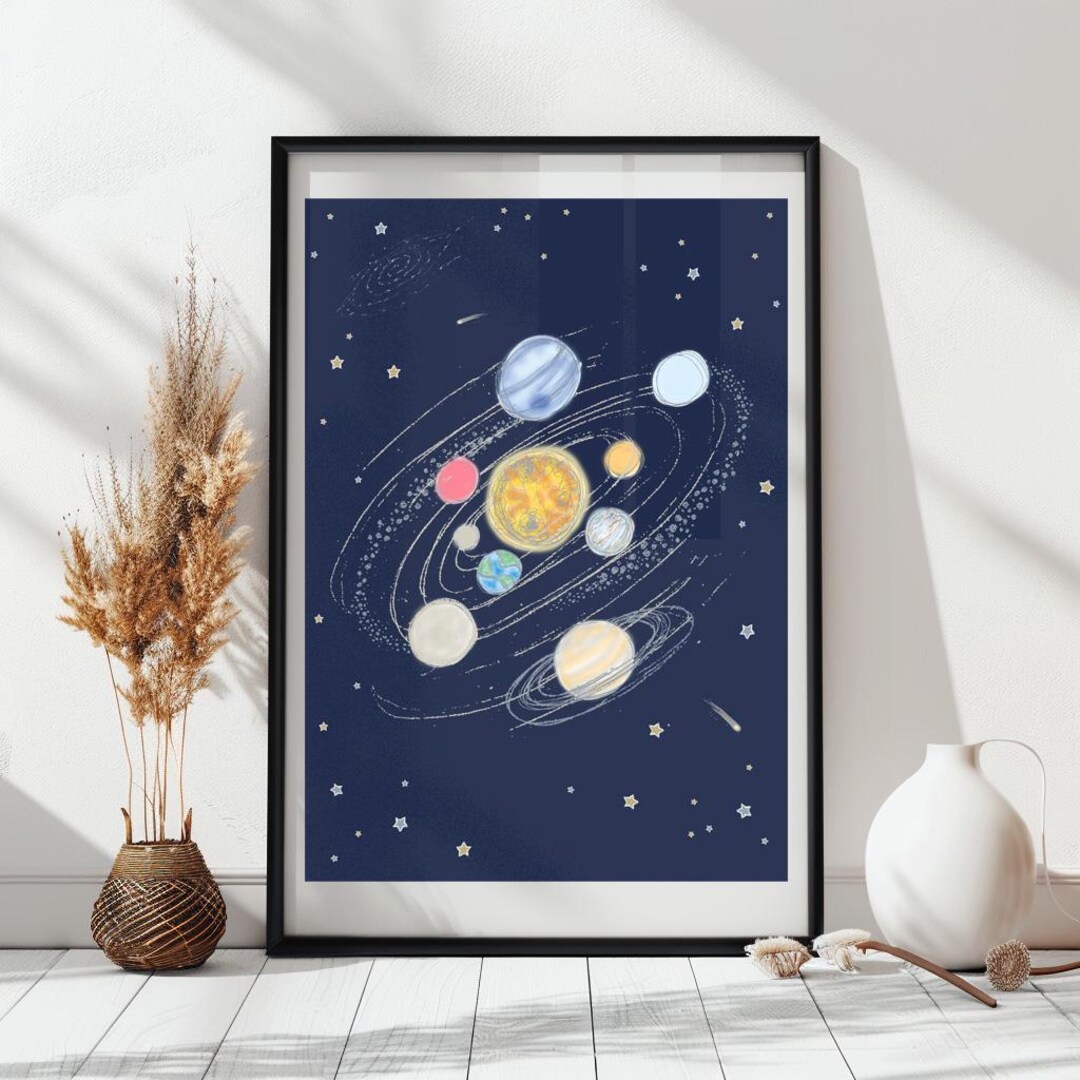 Solar System Hand-drawn Art Print With Stars, Planets, Comets Orbiting ...