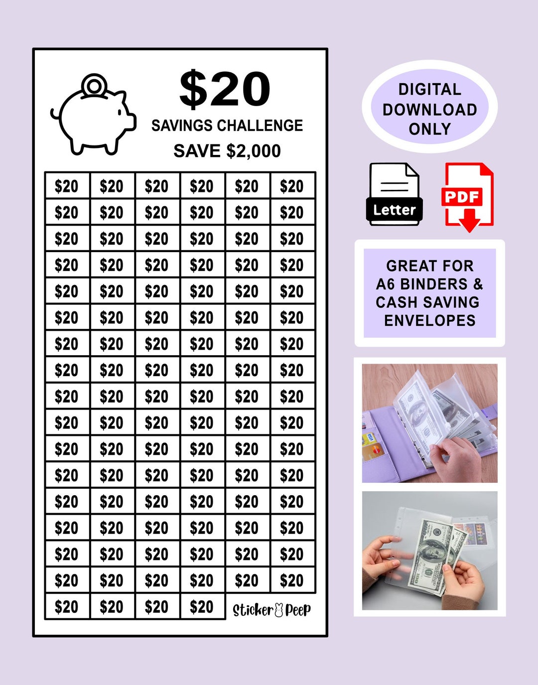 20 Dollar Savings Challenge Save 2000, PDF Printable Instant Download ...