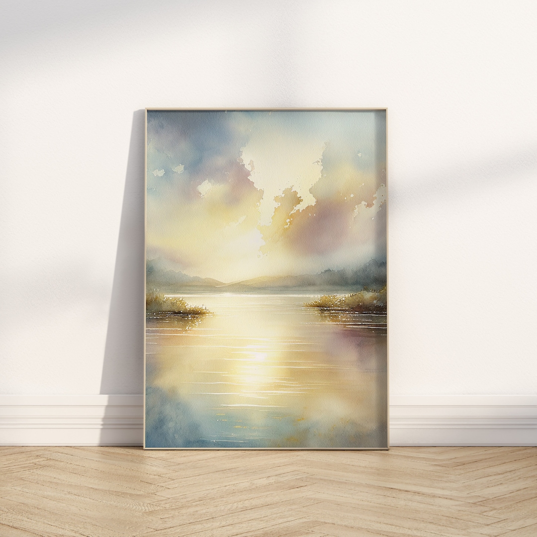 Lake Watercolor, Serene Calming Landscape at Dawn, Meditation Peaceful ...