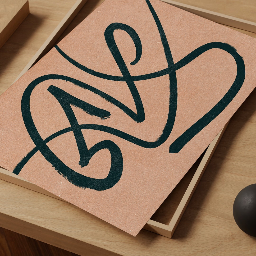 Hand Inked Japanese Line Art on 'peach Fuzz' Canvas Modern Abstract Art ...
