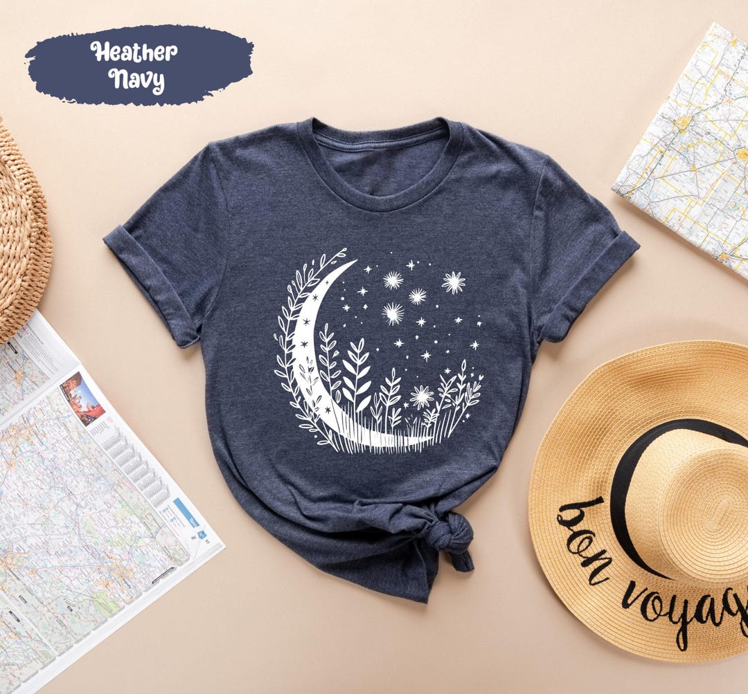 Full Moon Shirts, Moon Phases Tee, Floral Moon Shirt, Moon and Stars ...