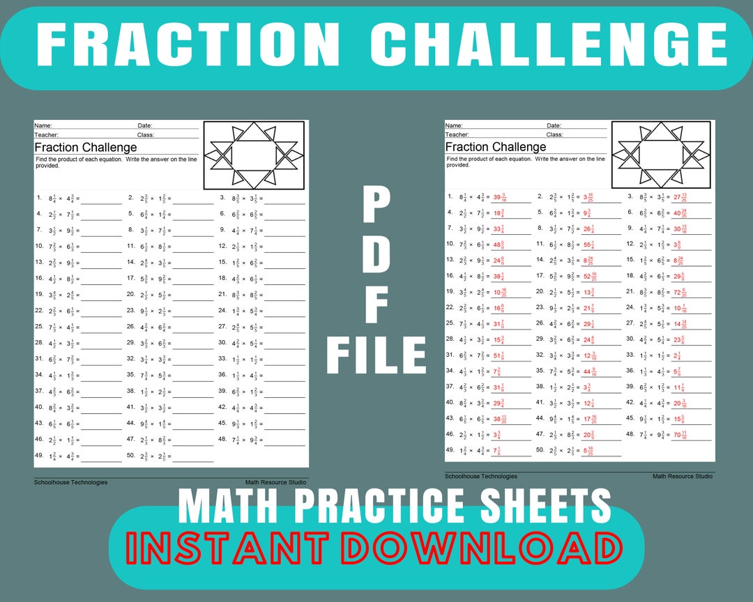 Fraction Challenge Math Practice Sheets - Etsy