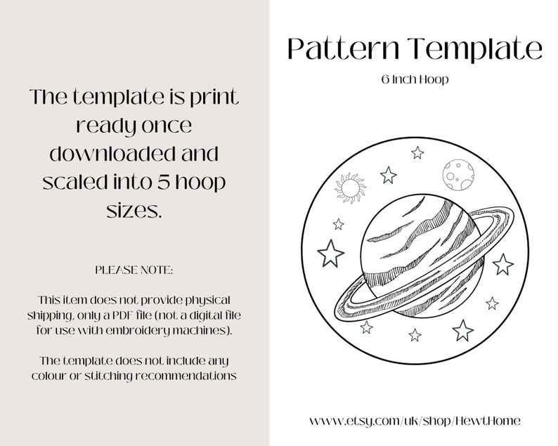 Saturn Embroidery PDF Pattern Template ONLY - 5 Hoop Sizes - Hand ...
