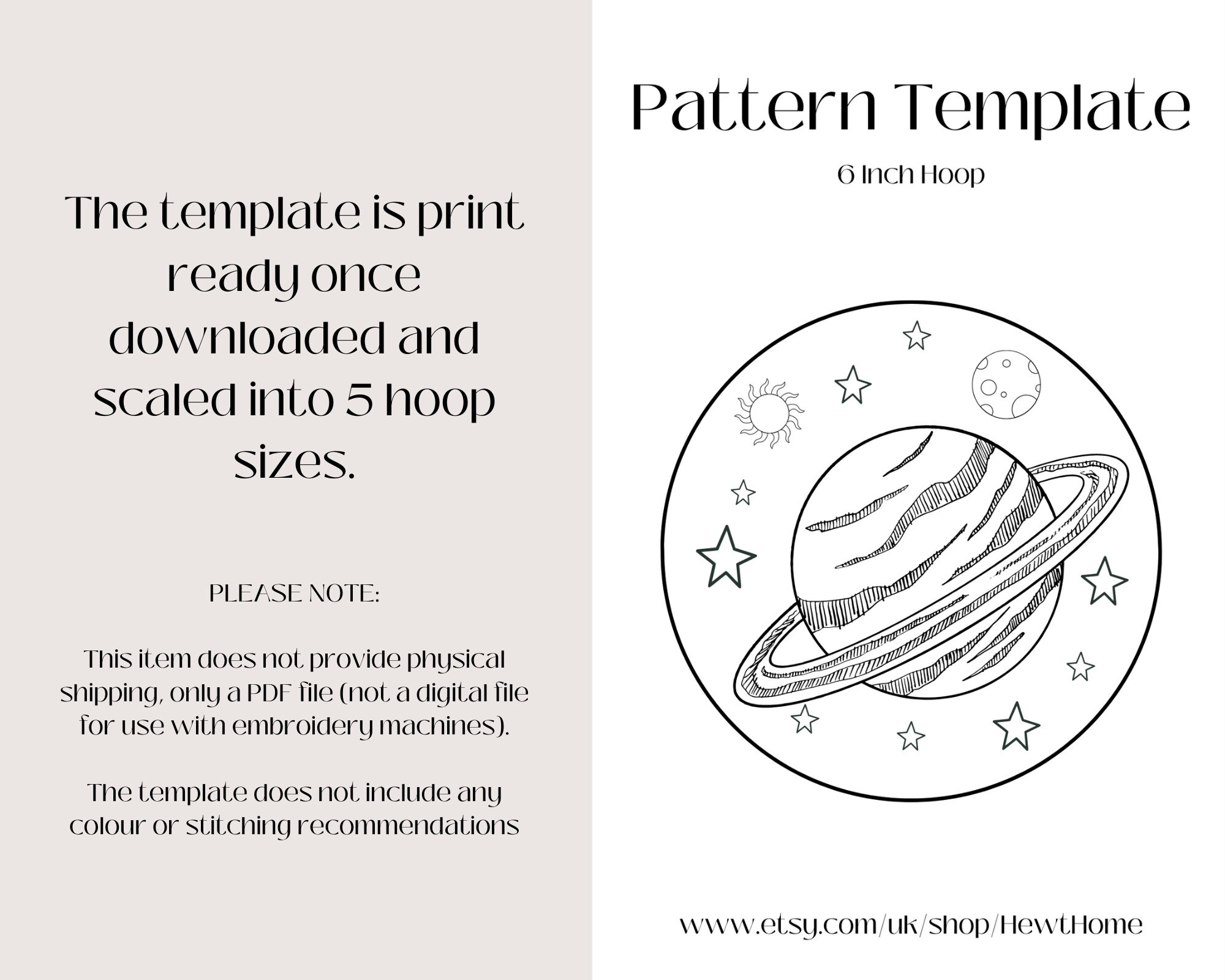 Saturn Embroidery PDF Pattern Template ONLY - 5 Hoop Sizes - Hand ...